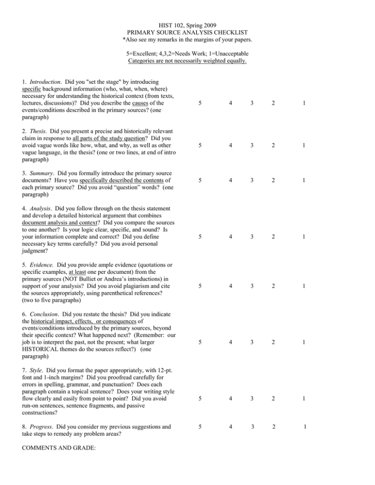HIST 102 Spring 2009 PRIMARY SOURCE ANALYSIS CHECKLIST