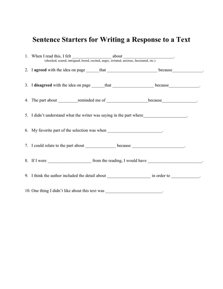 Sentence Starters For Writing A Response To A Text Sentence Starters For Writing A Response To A Text