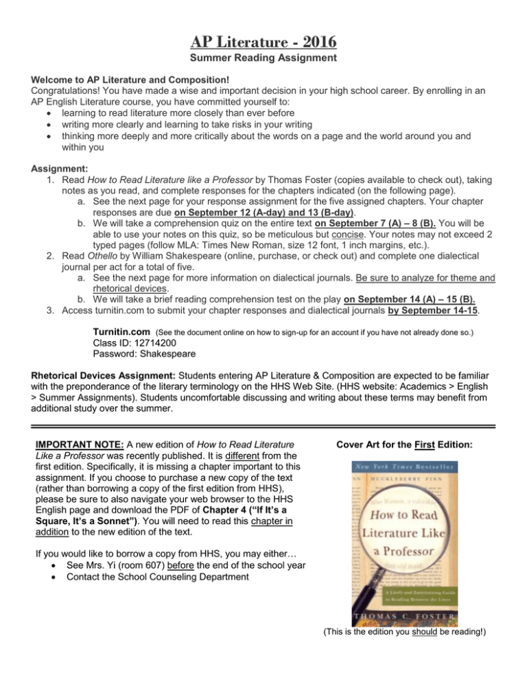 AP Literature 2016 Summer Reading Assignment AP Literature 2016 Summer Reading Assignment