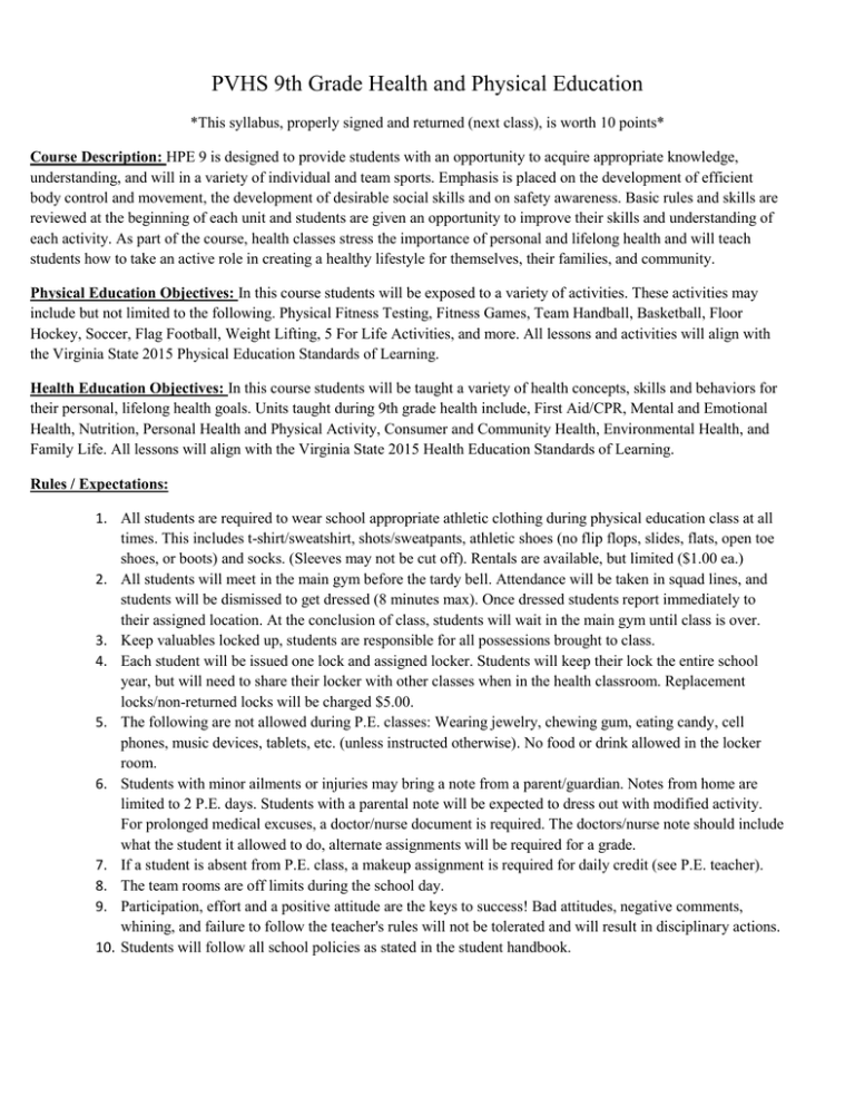 PVHS 9th Grade Health And Physical Education