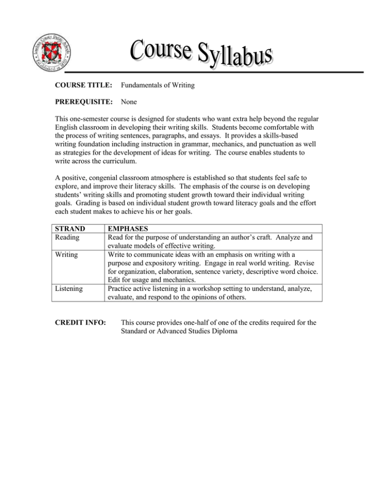Fundamentals Of Writing COURSE TITLE Fundamentals Of Writing COURSE TITLE