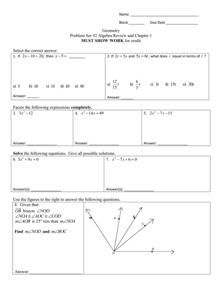 Geometry Problem Set 2 Algebra Review And Chapter 1