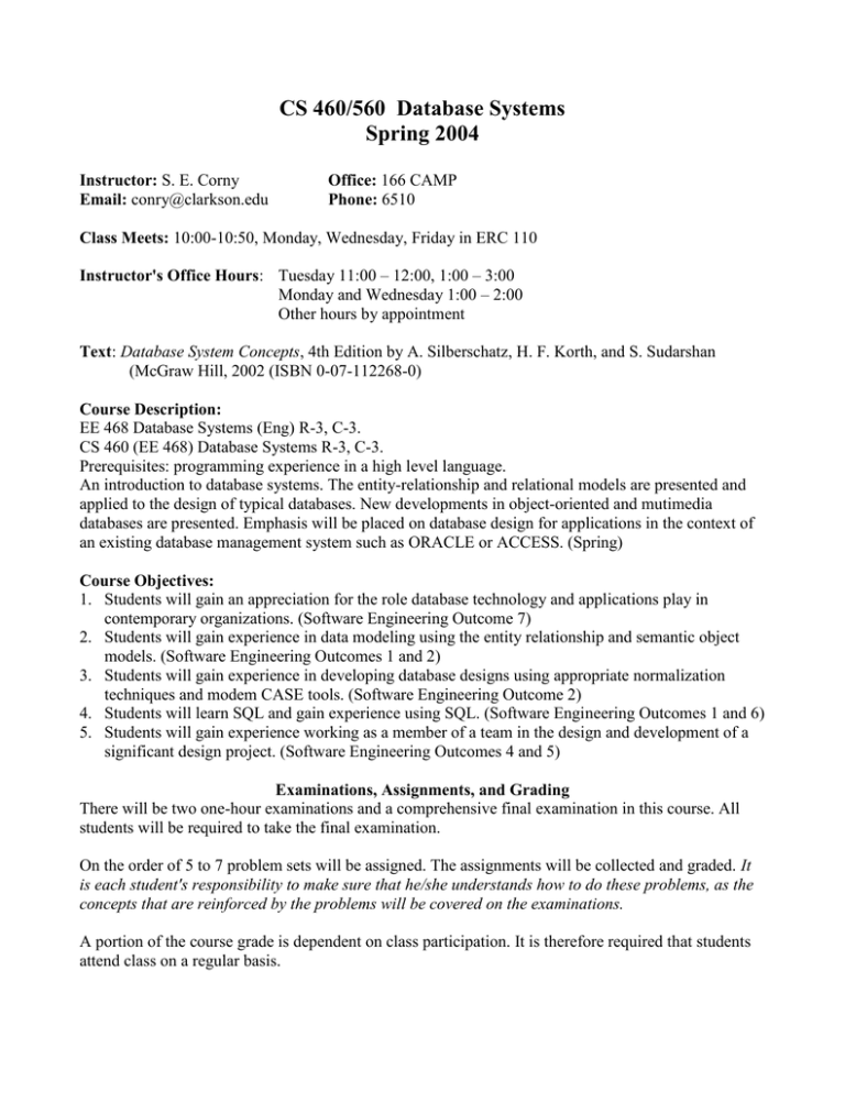 CS 460/560 Database Systems Spring 2004