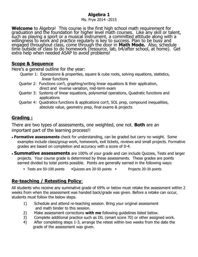 Algebra 1 Welcome Algebra 1 Welcome