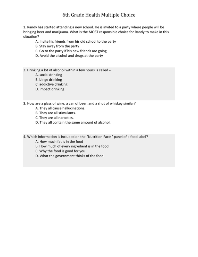 6th Grade Health Multiple Choice