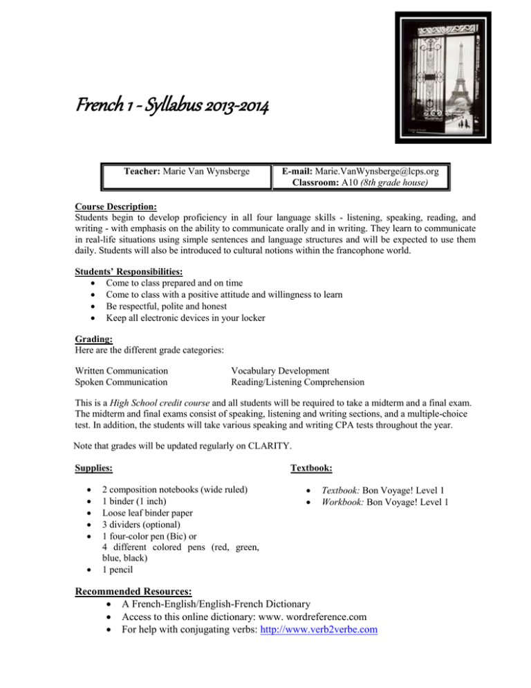 French 1 Syllabus 2013 2014