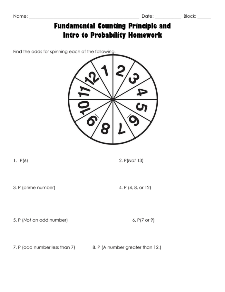 Fundamental Counting Principle And Intro To Probability Homework
