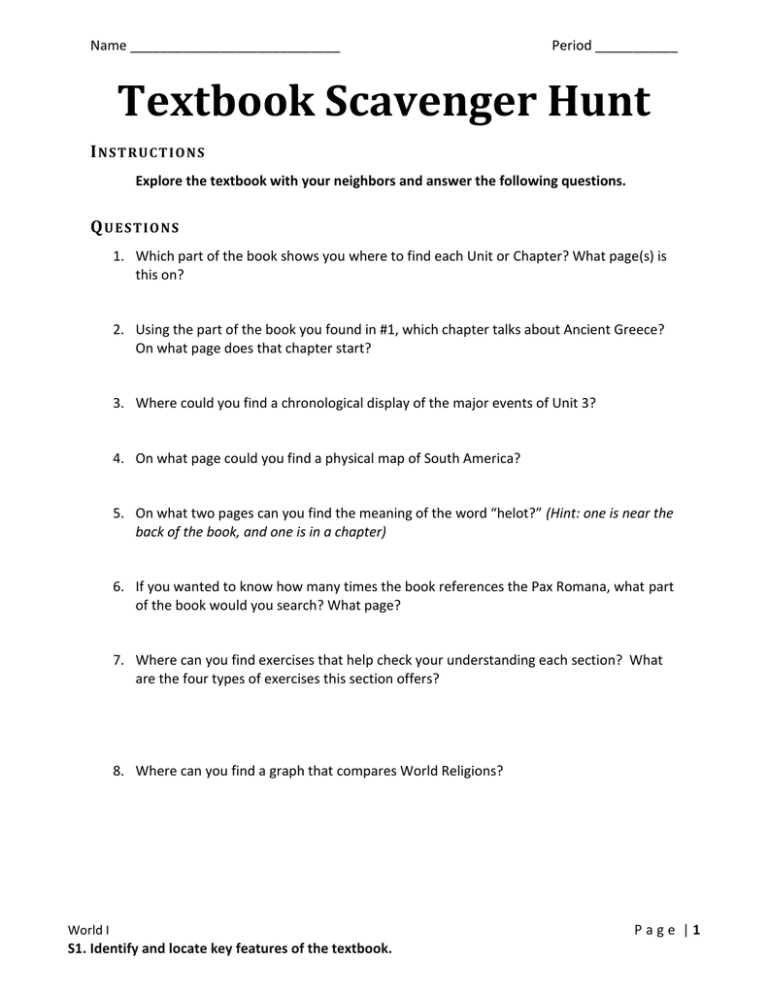 Textbook Scavenger Hunt I Q Textbook Scavenger Hunt I Q