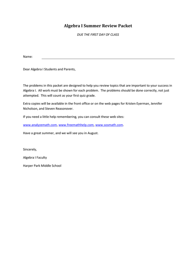 Algebra I Summer Review Packet
