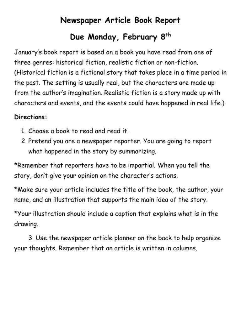 Newspaper Article Book Report Due Monday February 8