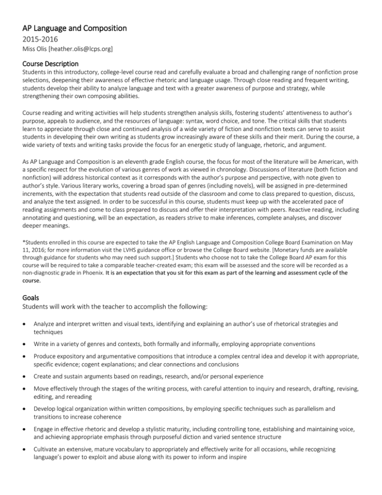AP Language And Composition 2015 2016 Course Description AP Language And Composition 2015 2016 Course Description