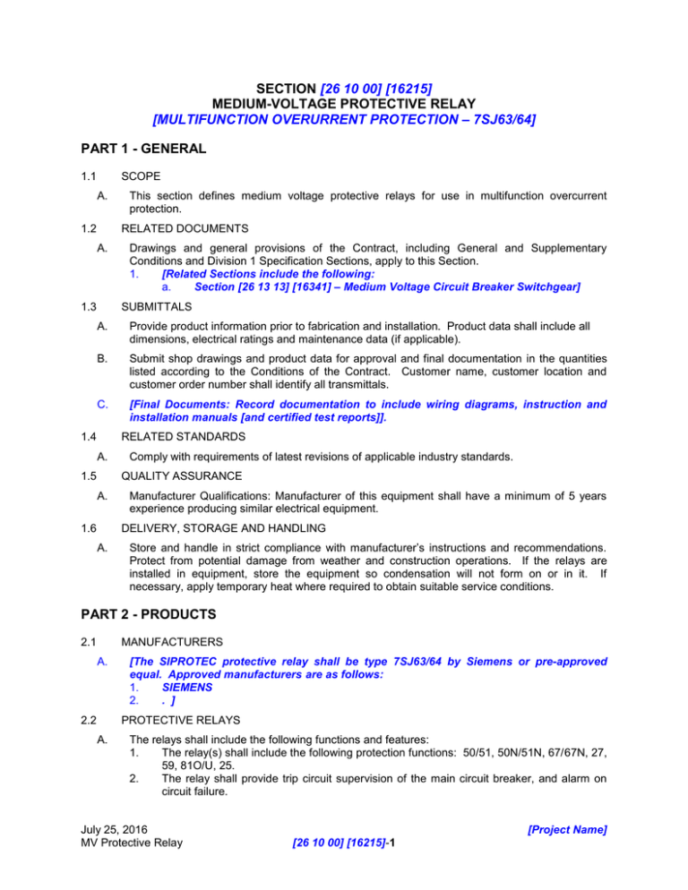 SECTION MEDIUM-VOLTAGE PROTECTIVE RELAY PART 1 - GENERAL