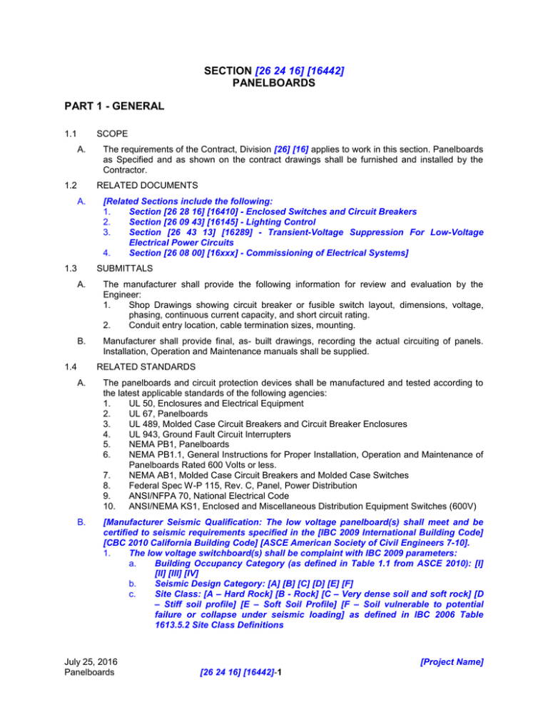 SECTION PANELBOARDS PART 1 - GENERAL