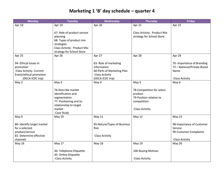 Marketing 1 B Day Schedule Quarter 4