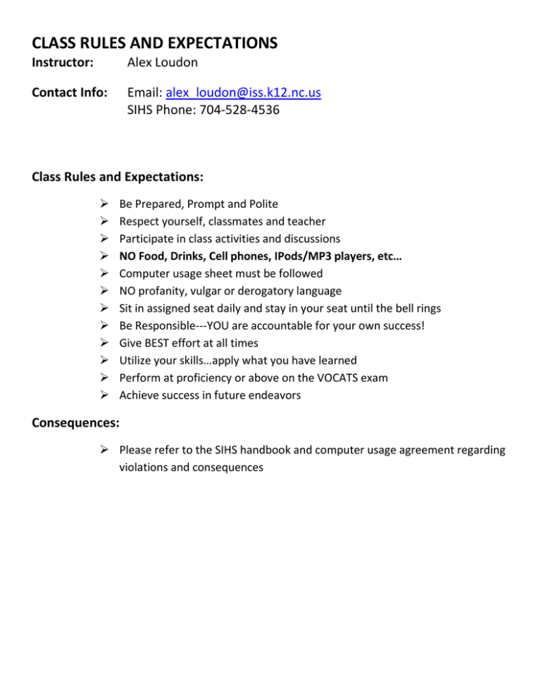 CLASS RULES AND EXPECTATIONS Instructor Contact Info 