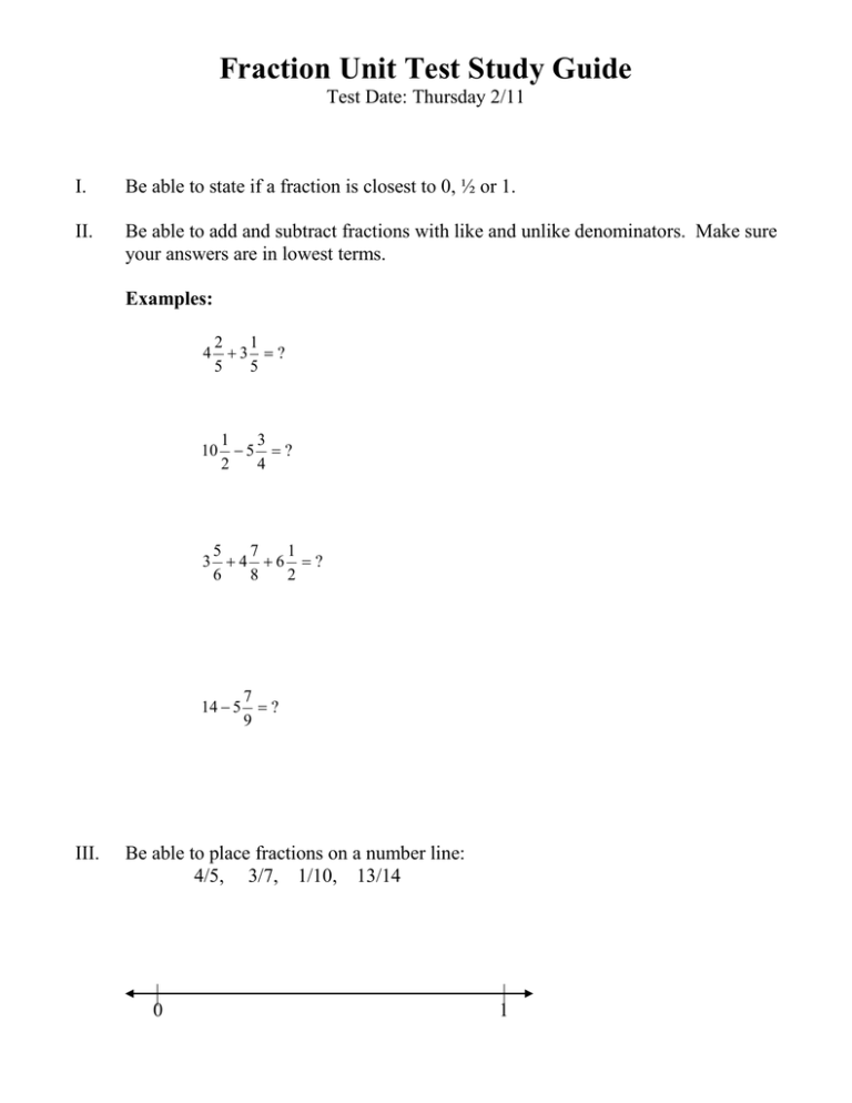 Fraction Unit Test Study Guide Fraction Unit Test Study Guide