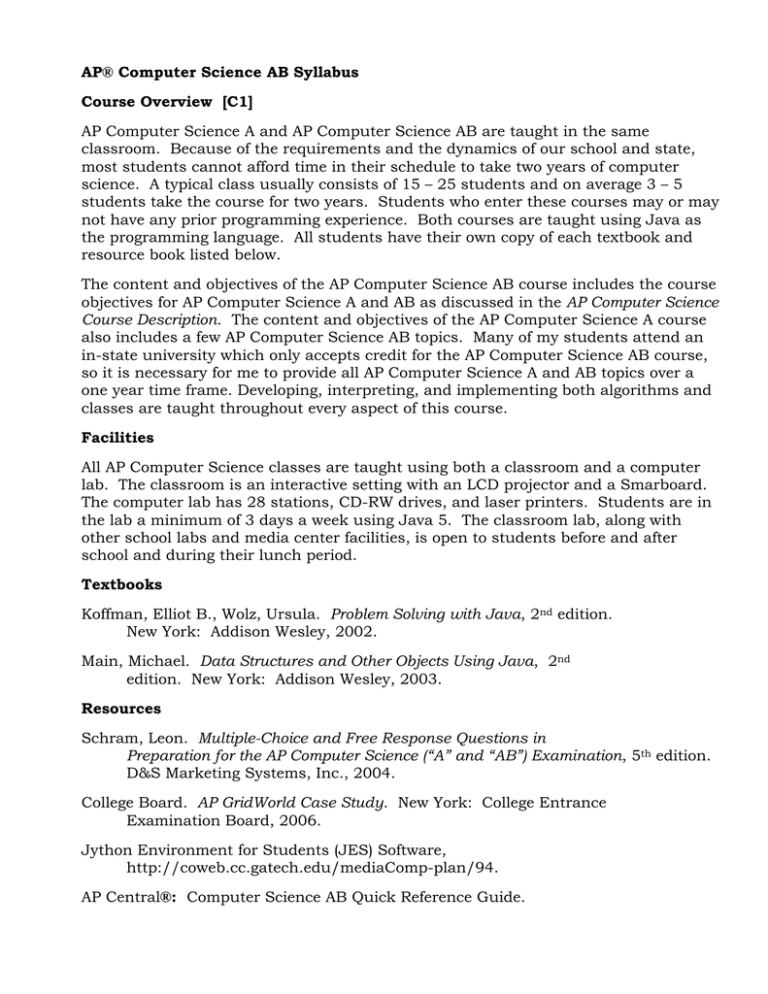 AP Computer Science AB Syllabus Course Overview C1 