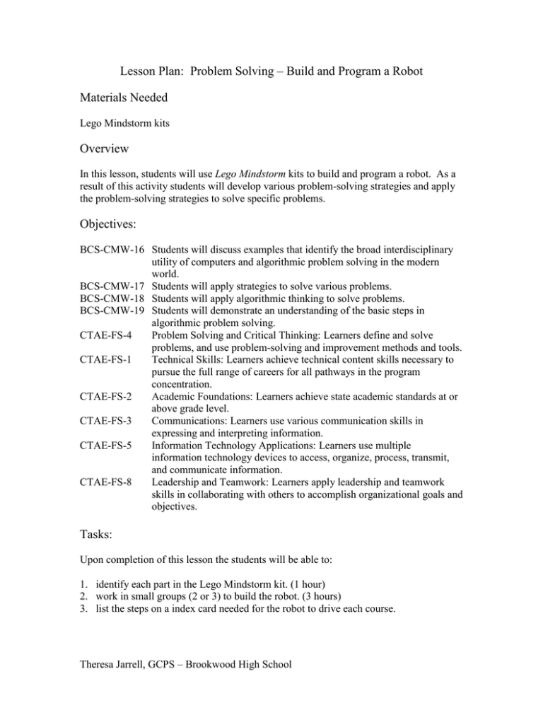 Lesson Plan Problem Solving Build And Program A Materials Needed 