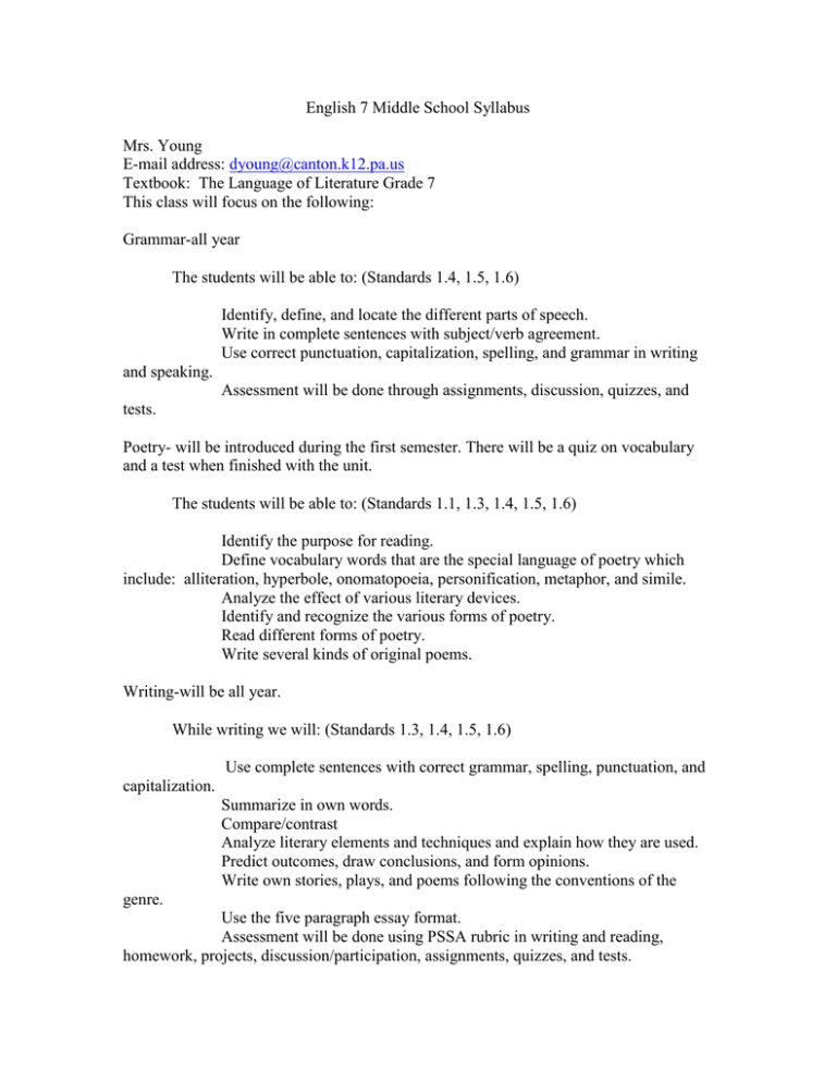 English 7 Middle School Syllabus Mrs Young