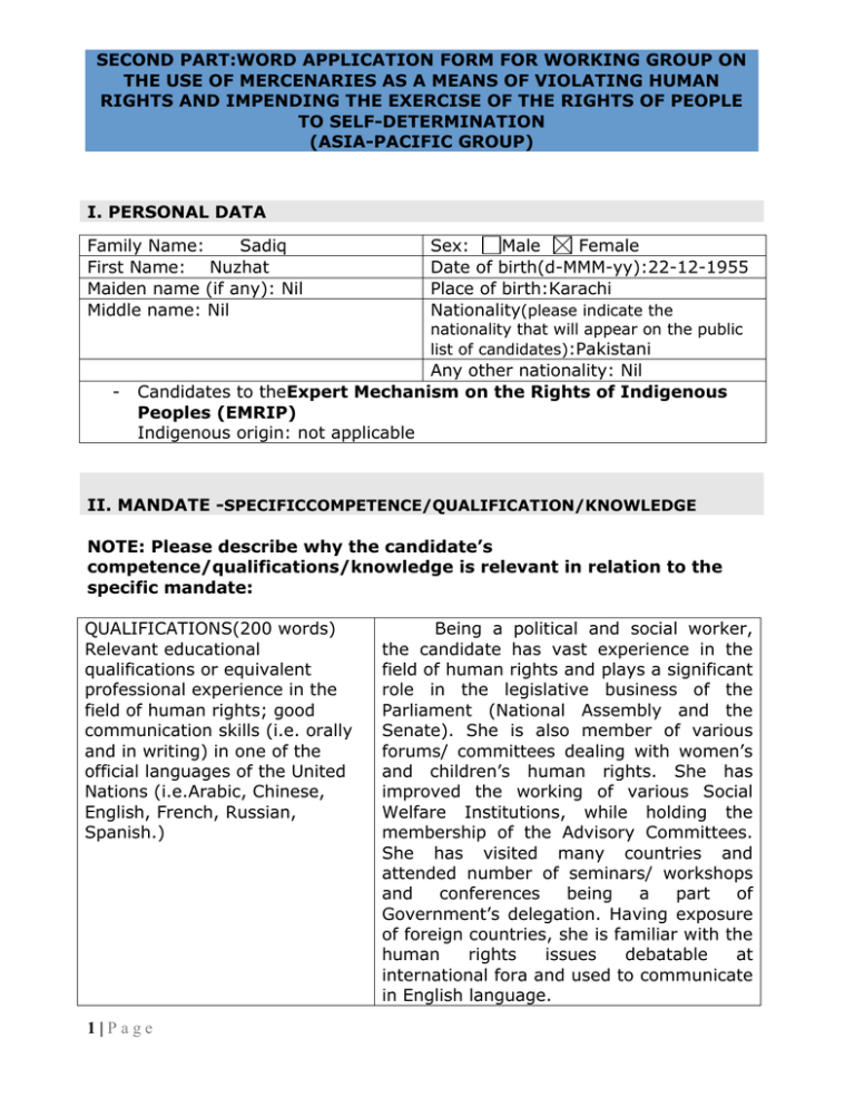 SECOND PART WORD APPLICATION FORM FOR WORKING GROUP ON