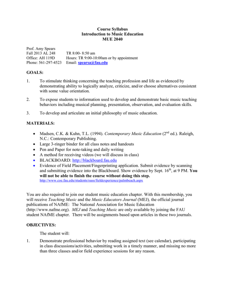 Course Syllabus Introduction to Music Education MUE 2040