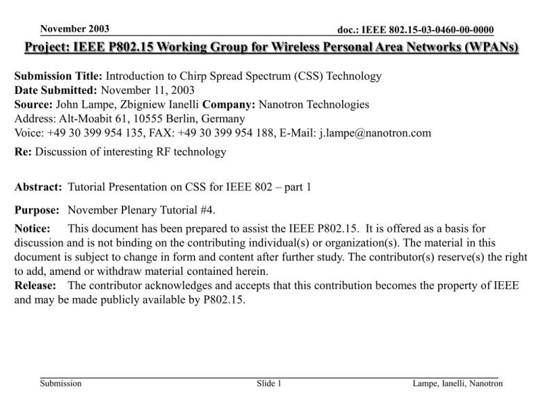 Project: IEEE P802.15 Working Group for Wireless Personal Area Networks...