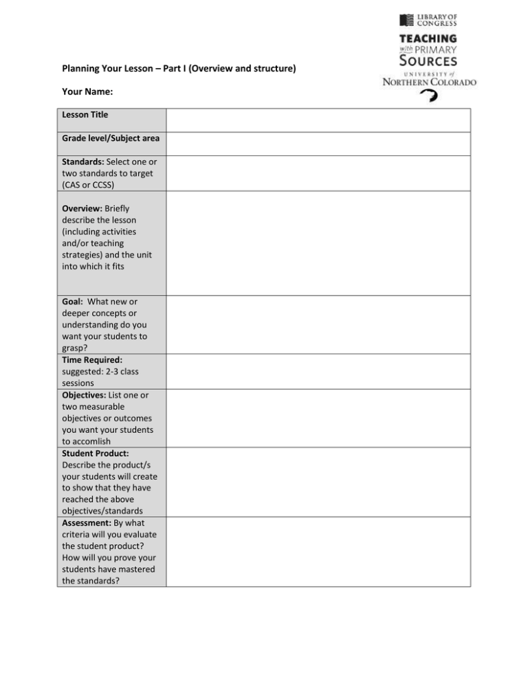 Planning Your Lesson Part I Overview And Structure Your Name 