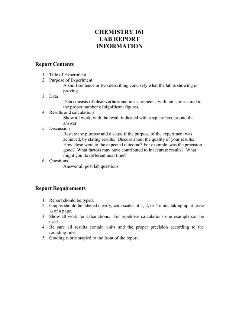 CHEMISTRY 161 LAB REPORT INFORMATION