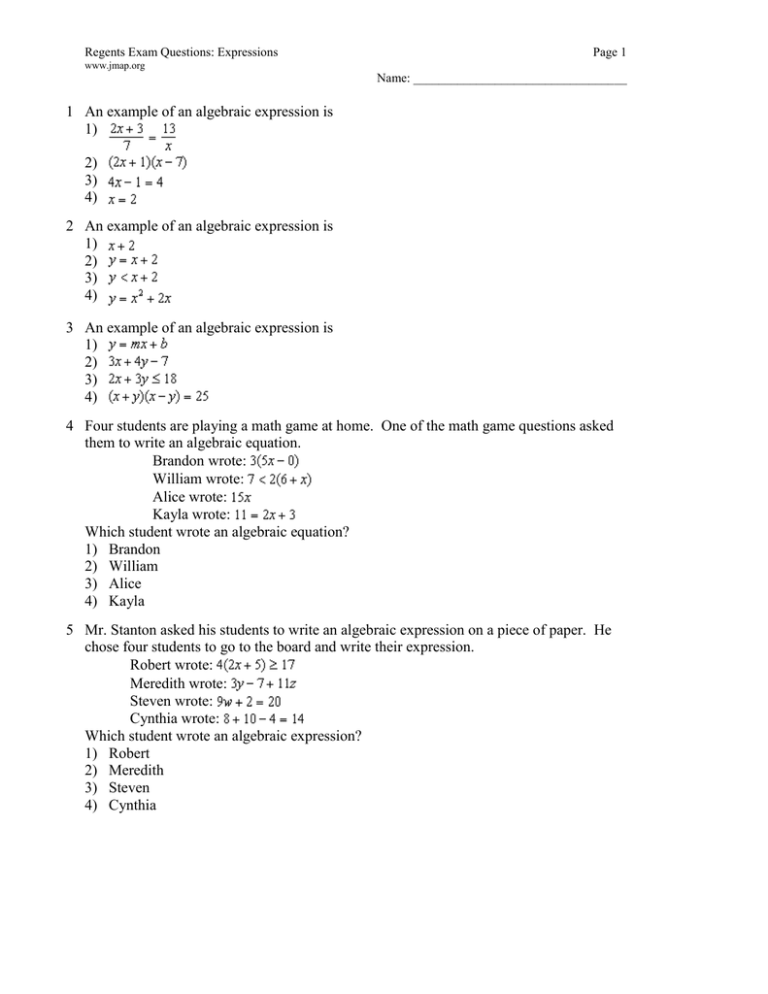 1 An Example Of An Algebraic Expression Is 1 2 