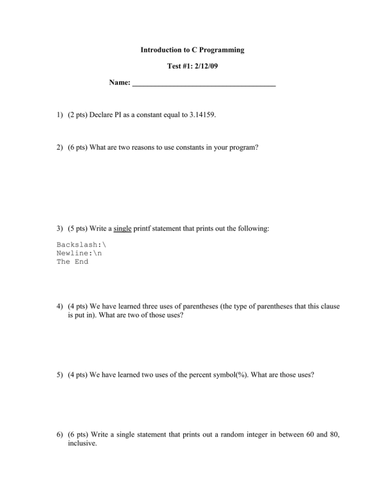 Introduction To C Programming Test 1 2 12 09 Name