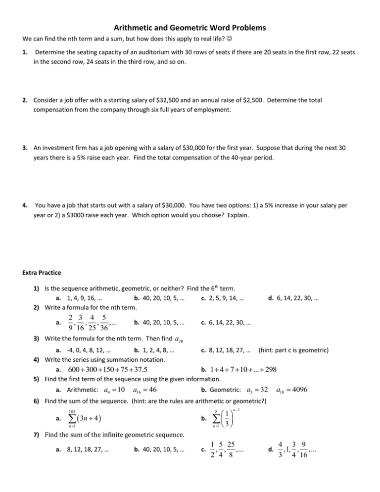 Arithmetic Geometric Sequences Word Problems
