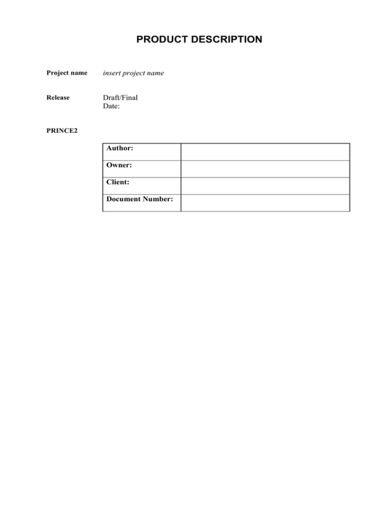 PRODUCT DESCRIPTION Draft Final Date 