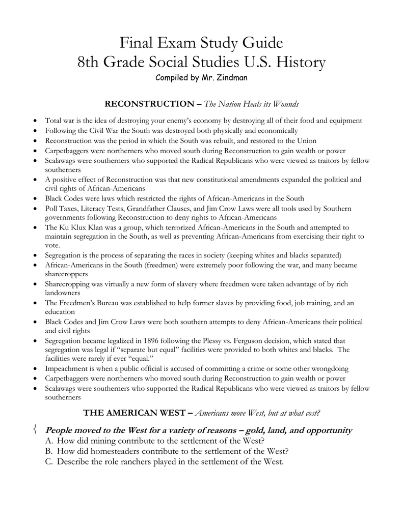 Final Exam Study Guide 8th Grade Social Studies U S History