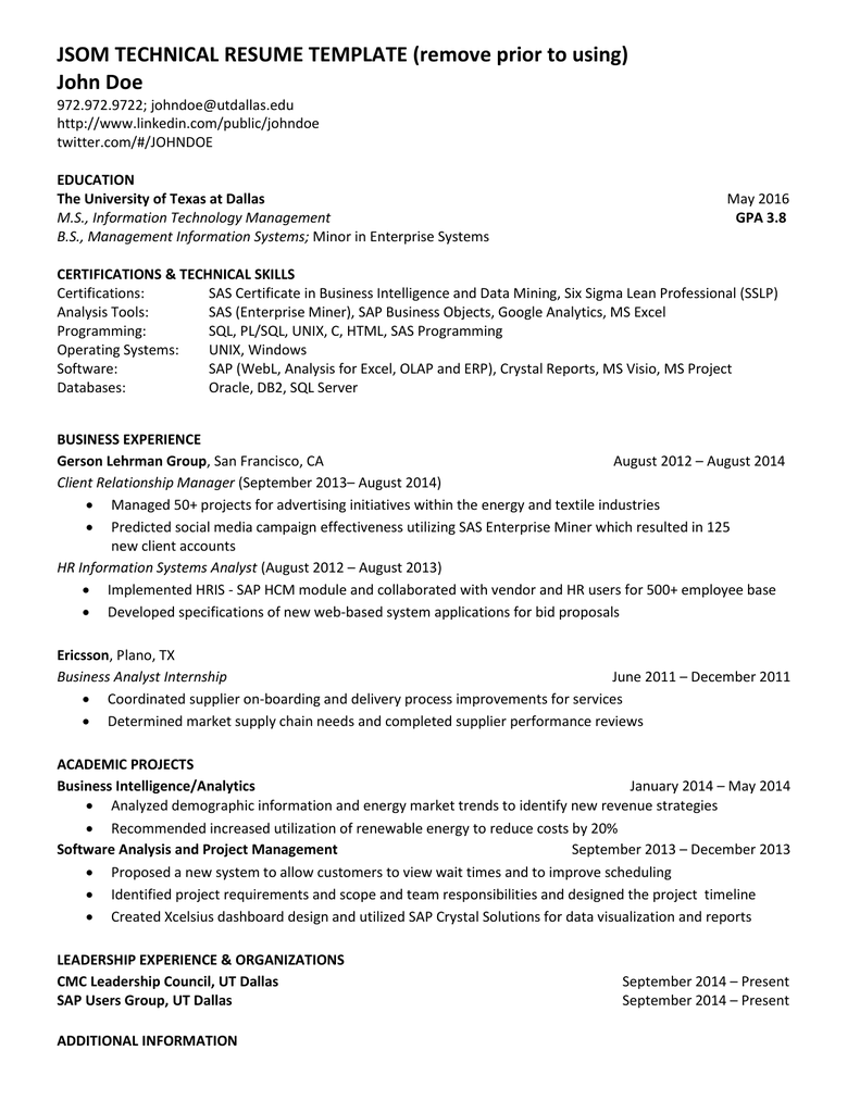 JSOM TECHNICAL RESUME TEMPLATE remove Prior To Using John Doe