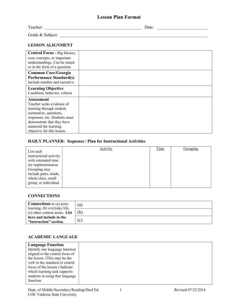 Lesson Plan Format Lesson Plan Format Download Lesson Plan Examples 