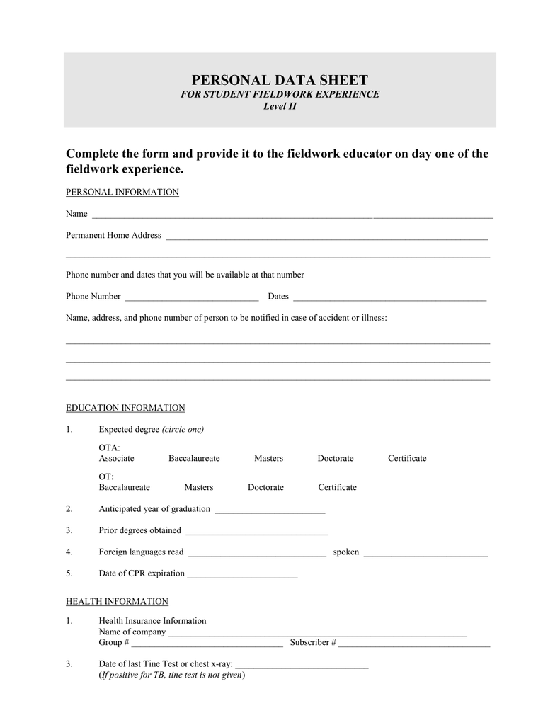 PERSONAL DATA SHEET Fieldwork Experience PERSONAL DATA SHEET Fieldwork Experience