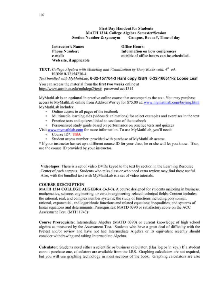 First Day Handout For Students MATH 1314 College Algebra Semester Session First Day Handout For Students MATH 1314 College Algebra Semester Session