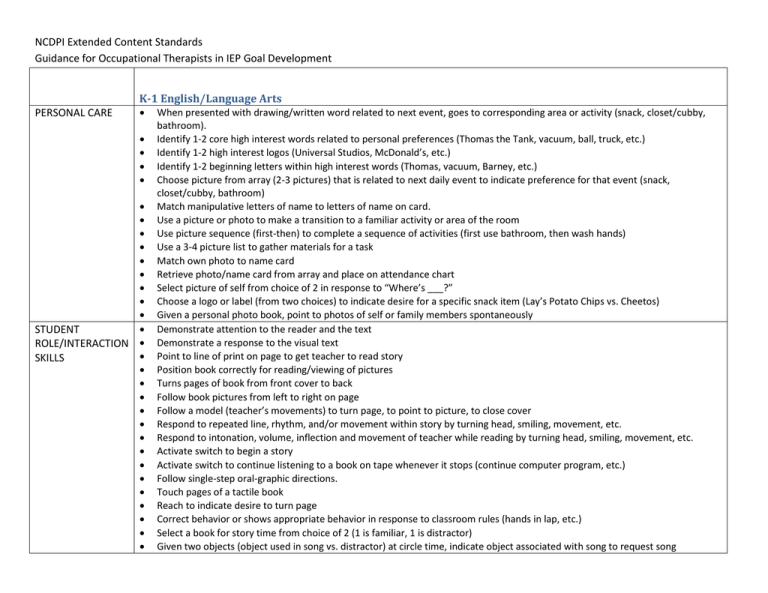NCDPI Extended Content Standards PERSONAL CARE