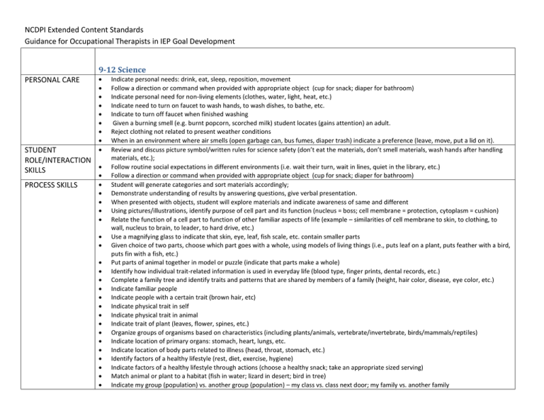 NCDPI Extended Content Standards PERSONAL CARE