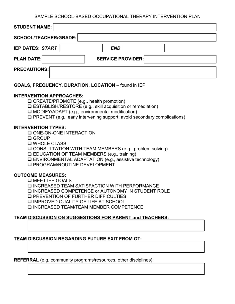 SAMPLE SCHOOL BASED OCCUPATIONAL THERAPY INTERVENTION PLAN Found In 