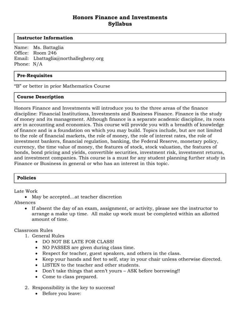 Honors Finance And Investments Syllabus Honors Finance And Investments Syllabus