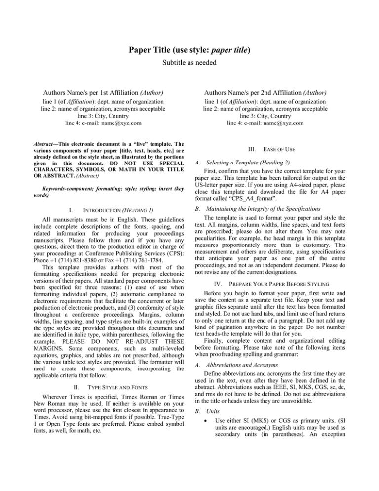 Paper Title Subtitle As Needed Author 