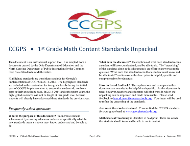 CCGPS 1 Grade Math Content Standards Unpacked