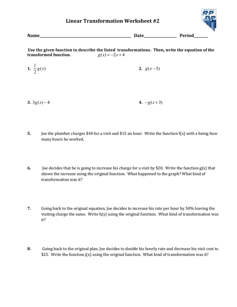 Linear Transformation Worksheet 2 Name