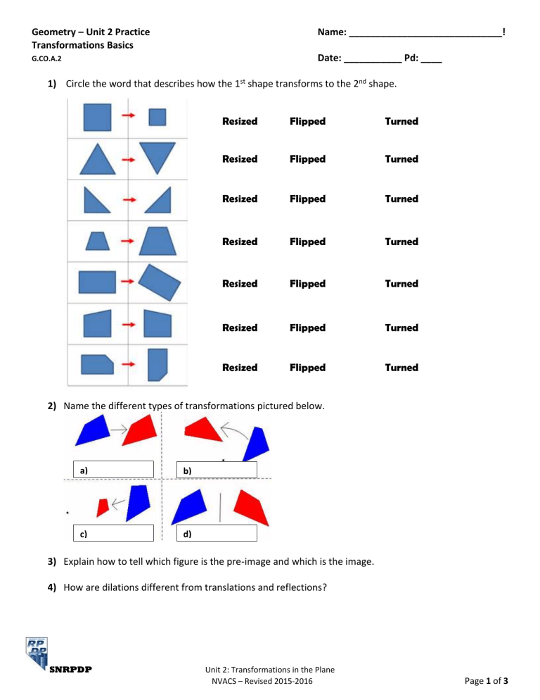 Geometry Unit 2 Practice Name Geometry Unit 2 Practice Name