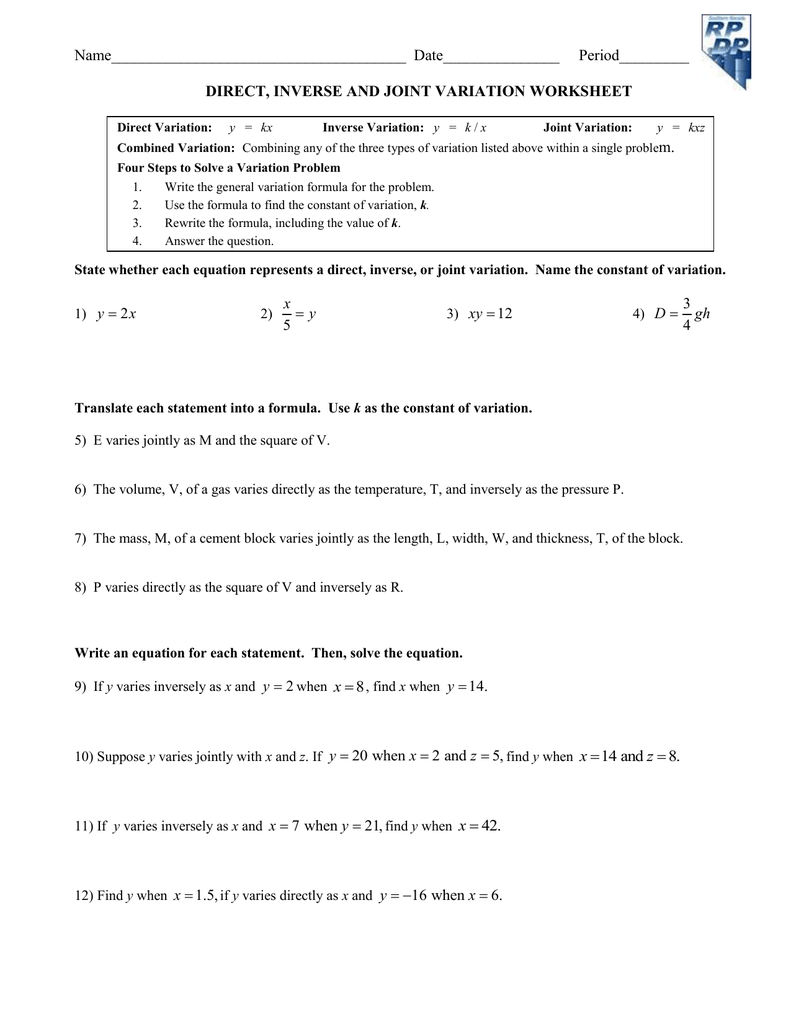 Direct Variation Word Problems Worksheet
