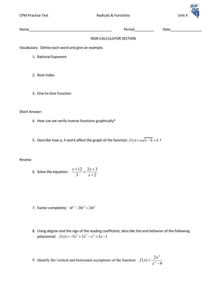 CPM Practice Test Radicals Functions Unit 4