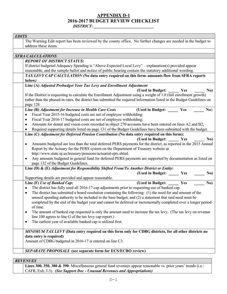 APPENDIX D 1 2016 2017 BUDGET REVIEW CHECKLIST APPENDIX D 1 2016 2017 BUDGET REVIEW CHECKLIST
