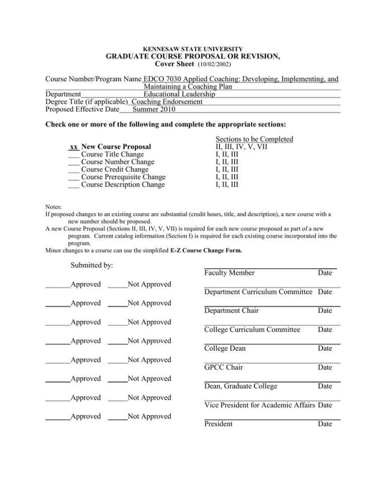 GRADUATE COURSE PROPOSAL OR REVISION, Cover Sheet