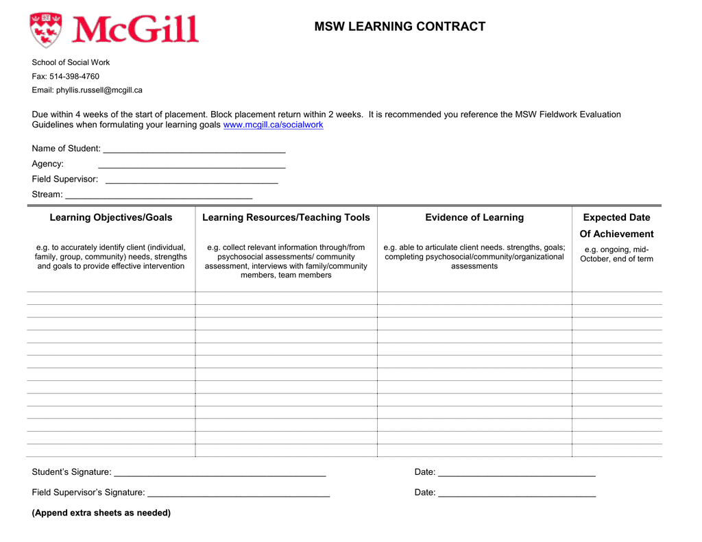 MSW LEARNING CONTRACT